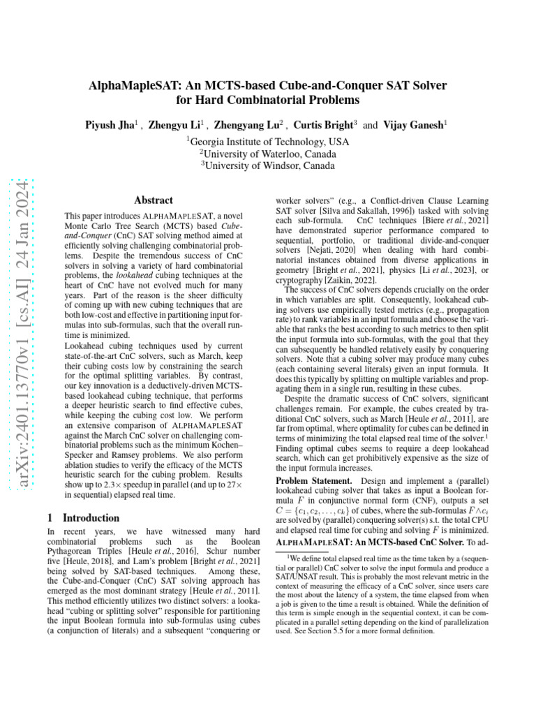 Alphamaplesat: An Mcts-Based Cube-And-Conquer Sat Solver For Hard Combinatorial Problems ...