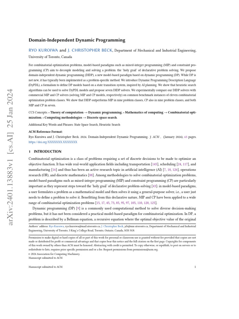 Domain-Independent Dynamic Programming: Ryo Kuroiwa J. Christopher Beck | Download Free PDF ...