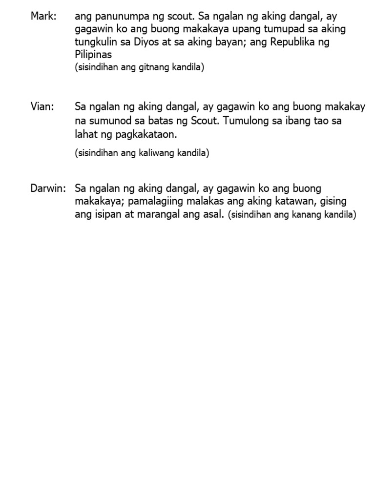 Troop Investiture Script Tagalog Lines | PDF