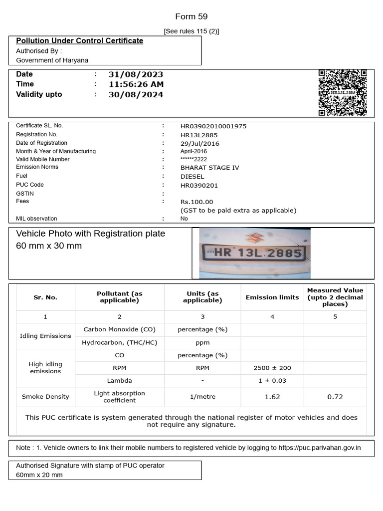 Pollution Under Control Certificate: Form 59 | PDF | Exhaust Gas ...