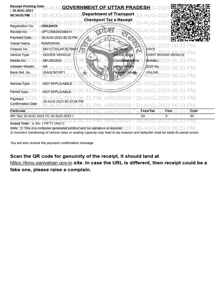 Department of Transport: Checkpost Tax E-Receipt | PDF