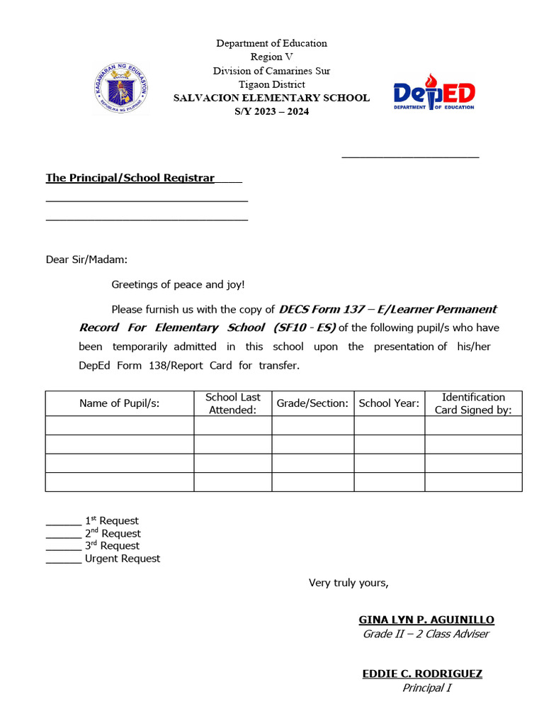 Request of Form 137 | PDF | Social Institutions | Philippines