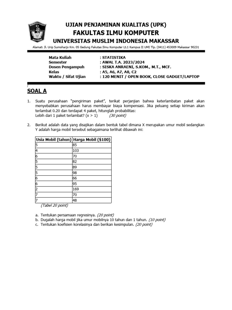 Soal Uas Statpro 2023-2024 | PDF
