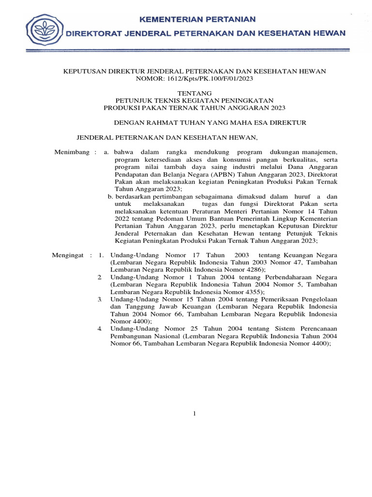 Keputusan Direktur Jenderal Peternakan Dan Kesehatan Hewan Nomor ...