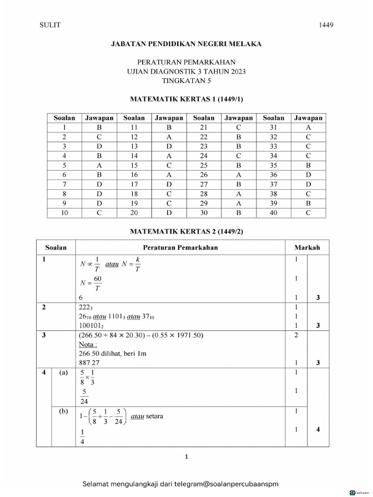 Skema Matematik Percubaan SPM 2023 K1 Melaka | PDF