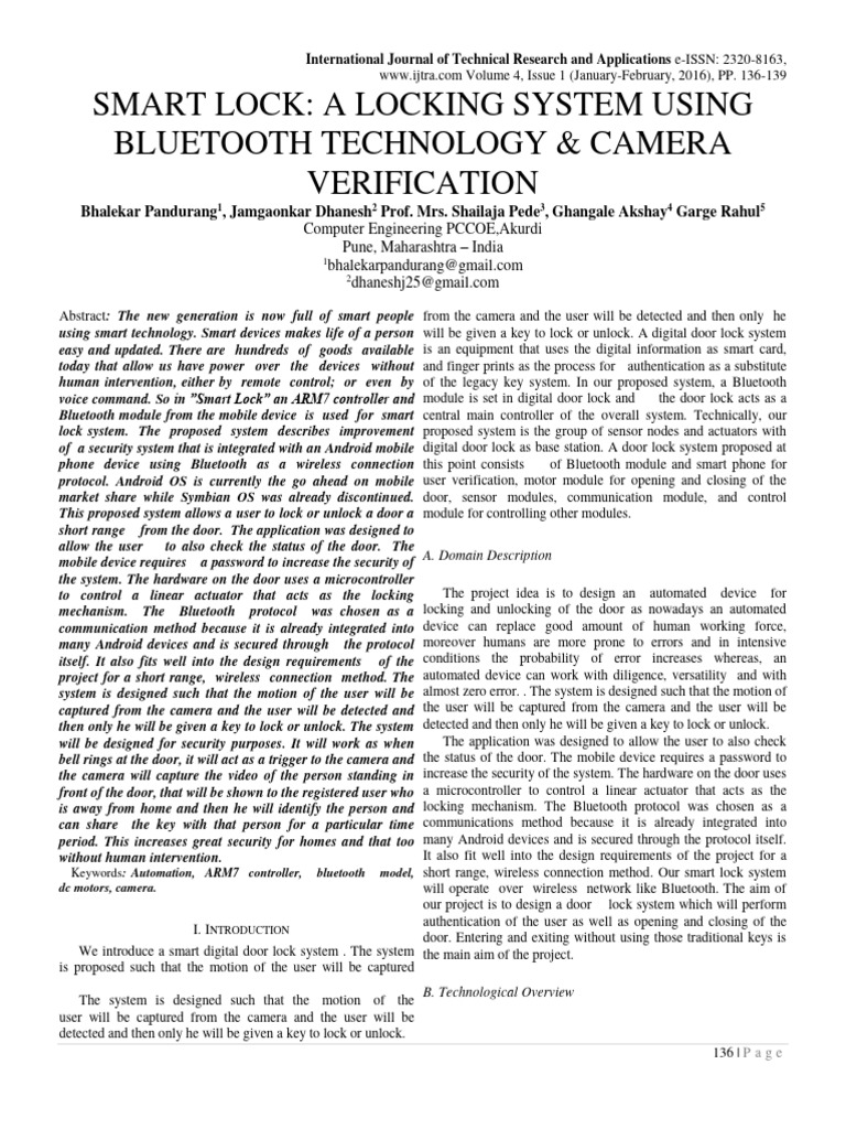 Smart Lock-A Locking System Using Bluetooth Technology & Camera Verification | PDF | Bluetooth ...
