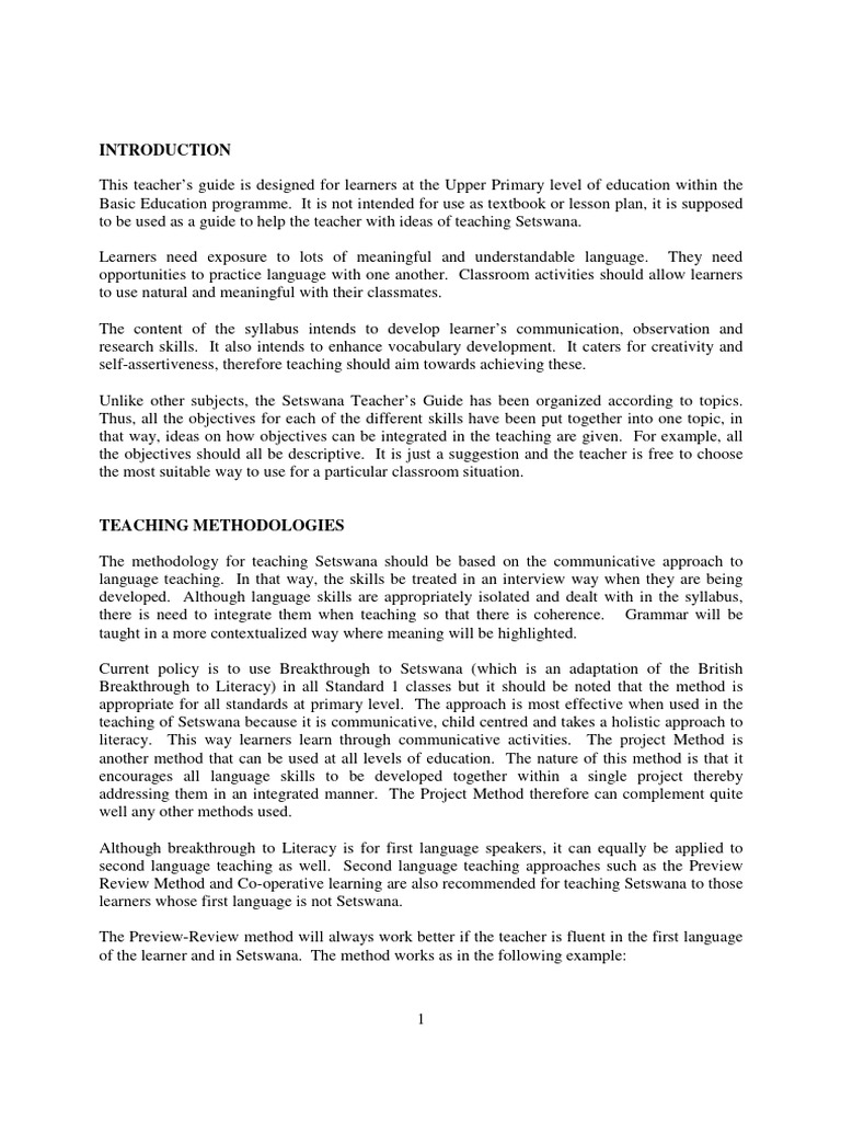 Teaching Setswana: Instructions Guide | PDF | Career & Growth