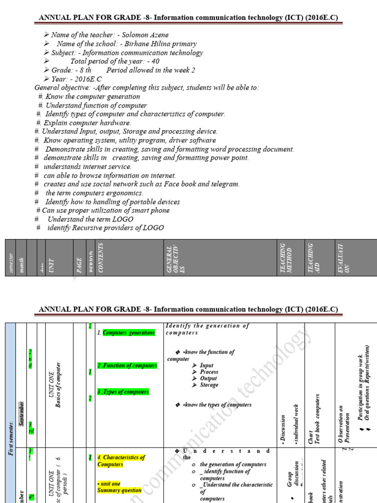 Solomon Anual Plan Grade 8th Ict | PDF | Information And Communications Technology | Internet