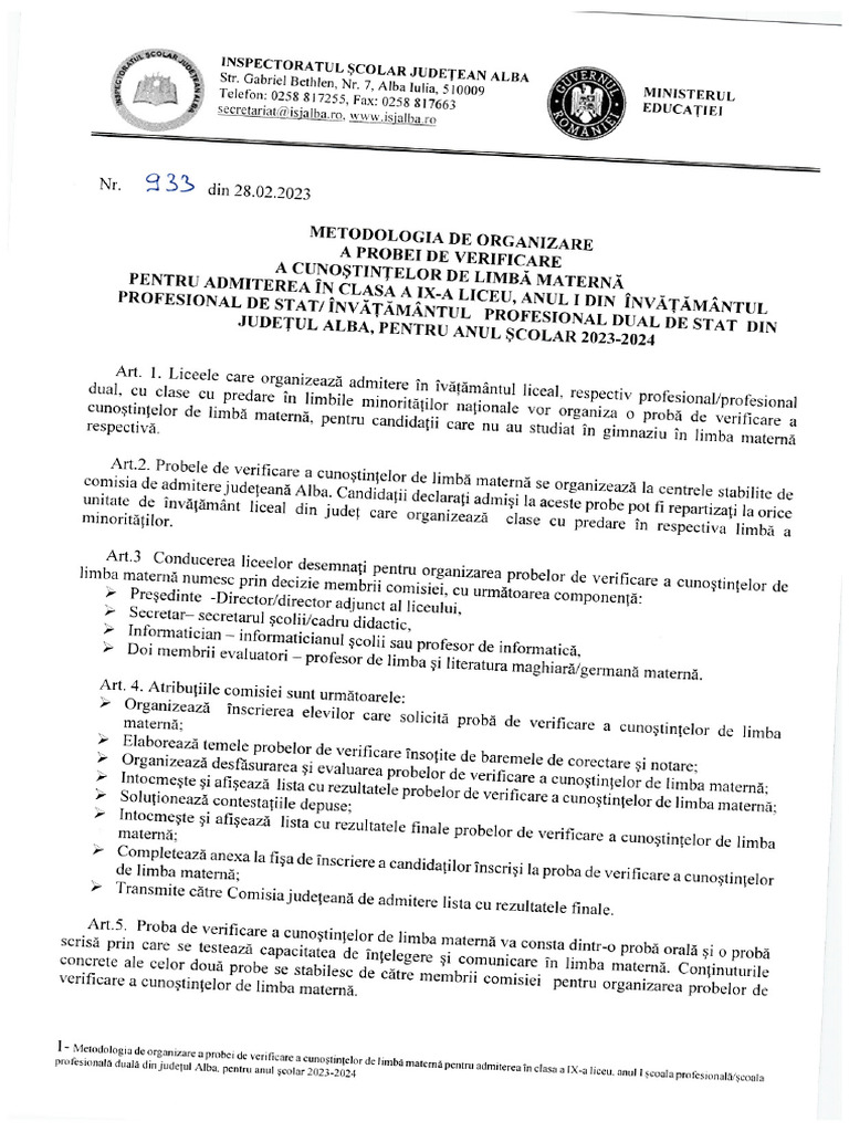 Metodologie Proba Limba Materna Admitere Liceu Profesionala 2023 2024 | PDF
