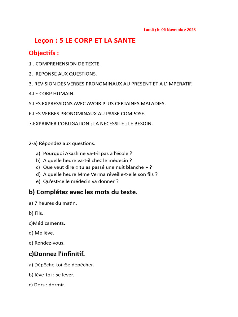 Le Corps et la Santé : Verbes et Expressions | PDF | Verbe | Anatomie ...