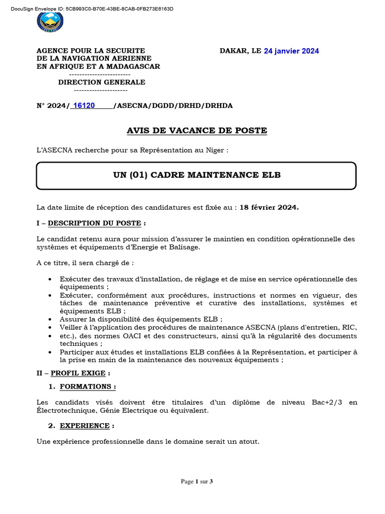 2024-AVP-16120-ASECNA-DGDD-DRHD-DRHDA DU 24-01-2024 Cadre - Maintenance - ELB - NI | PDF ...