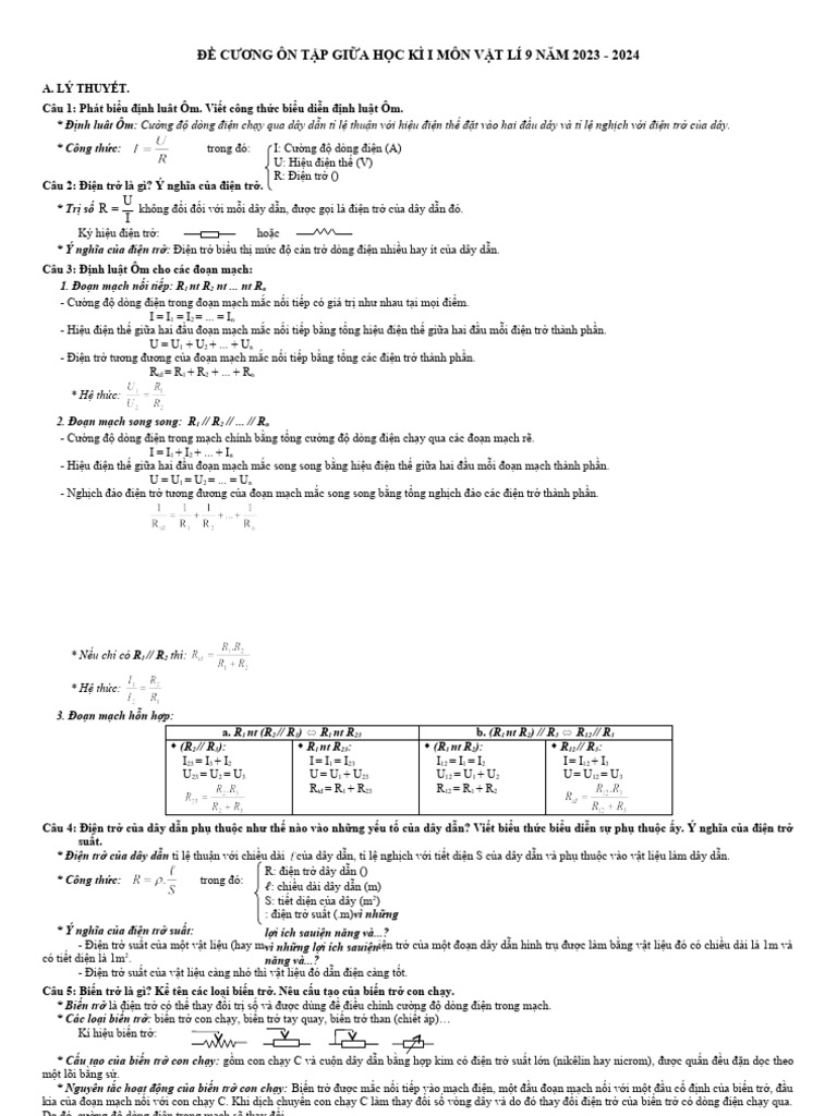 De Cuong On Tap Giua Ki 1 Vat Li 9 | PDF