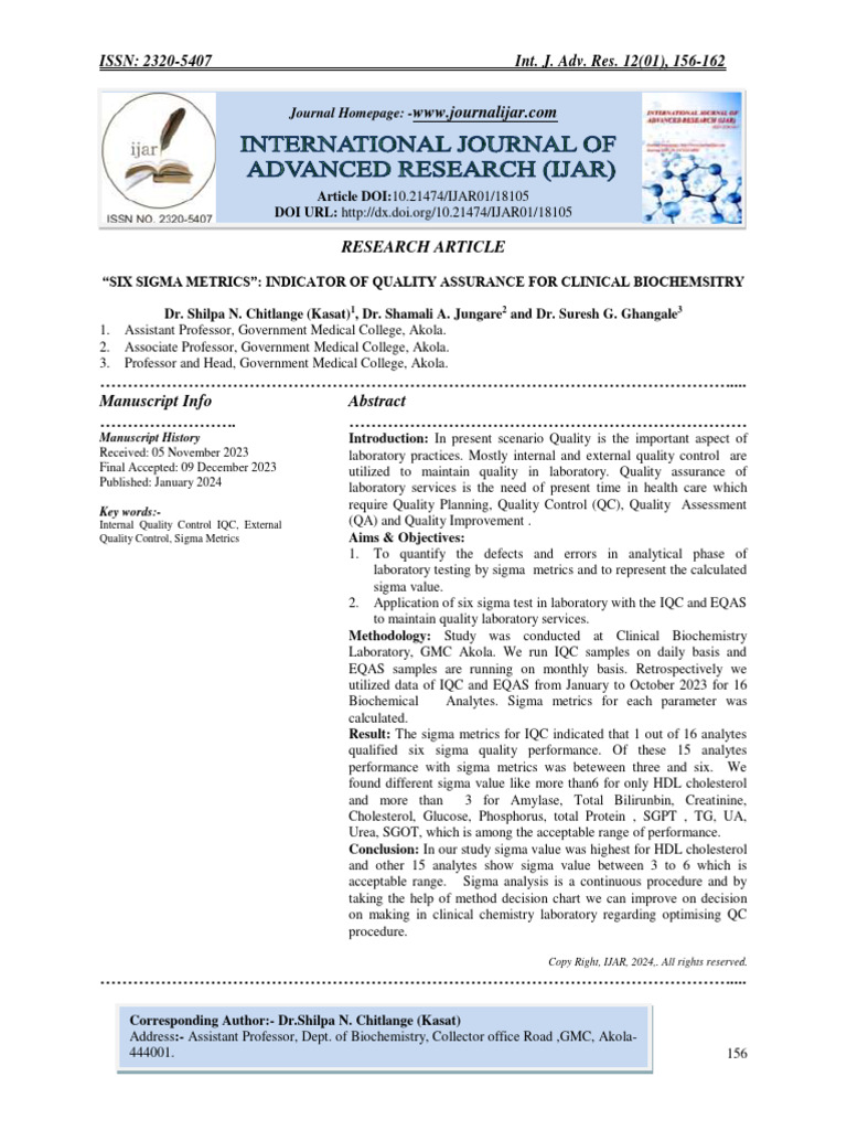 Six Sigma Metrics Indicator Of Quality Assurance For Clinical Biochemsitry Pdf Quality