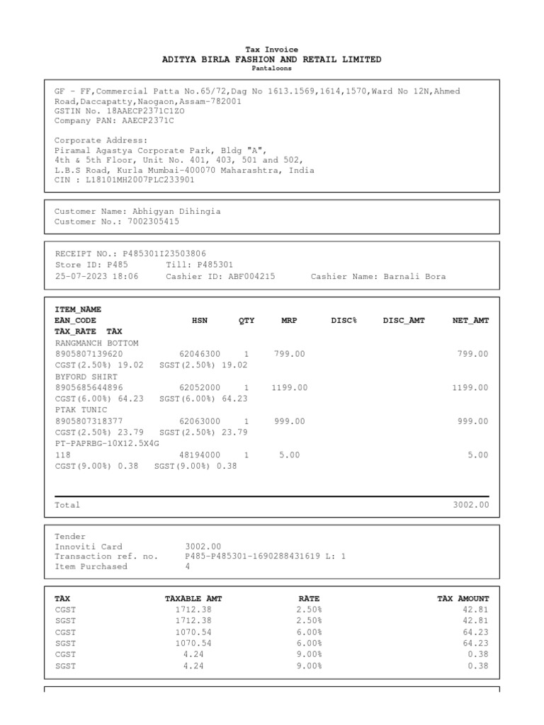Retail Invoice for Pantaloons Purchase | PDF | Invoice | Taxes