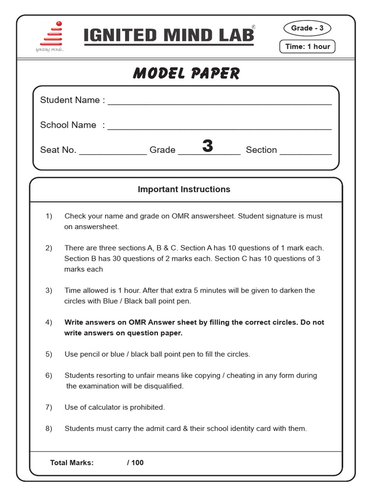 Model Paper-Grade 3 | Download Free PDF | Mathematics