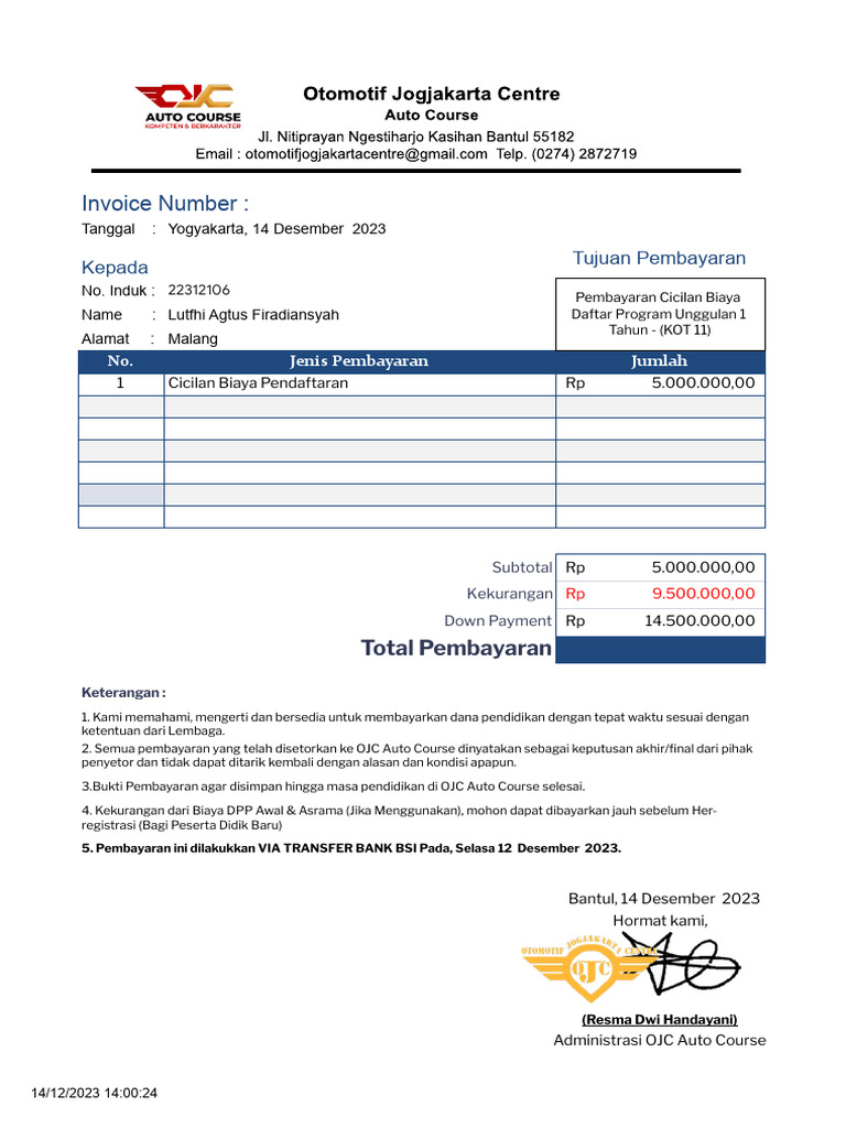 Invoice Kursus Mobil - XLSX - Invoice | PDF