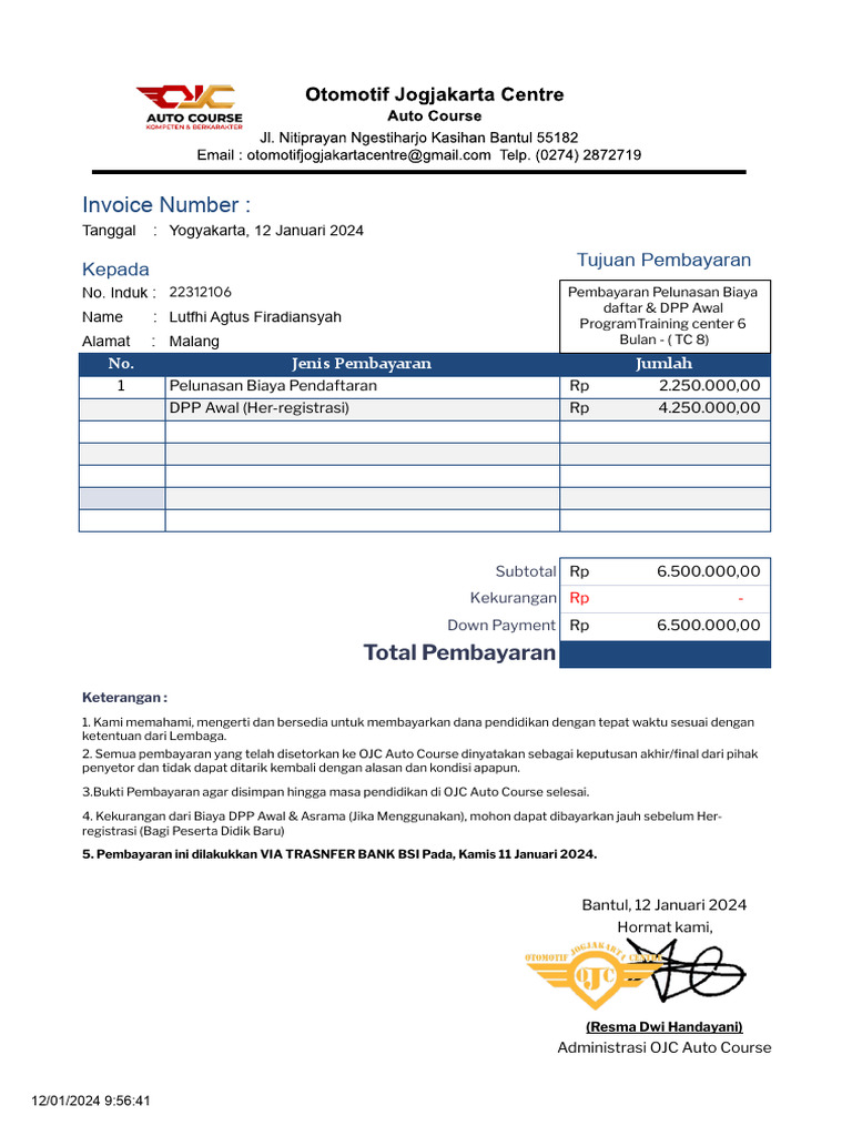 Invoice Kursus Mobil - XLSX - Invoice | PDF