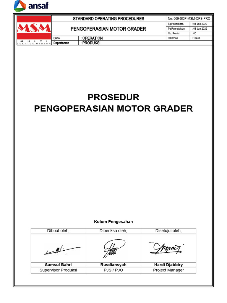 009 SOP MSM PRO PRO - Prosedur Pengoperasian Motor Grader | PDF