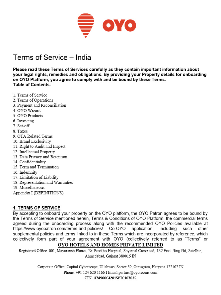 OYO Terms of Service for Partners | PDF | Taxes | Invoice
