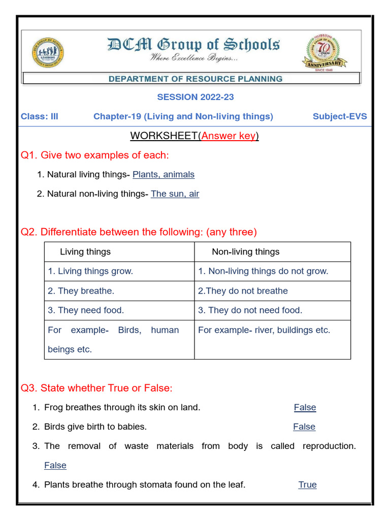 Class III - EVS - Ch-19 - Worksheet Answerkey | PDF