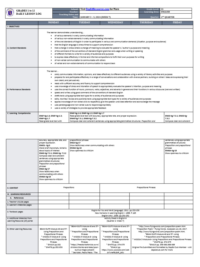 DLL - English 6 - Q2 - W7 | PDF | English Language | Communication