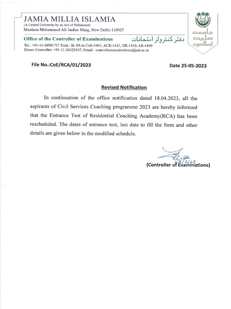 Revised Notification Rca 2023-24 | PDF
