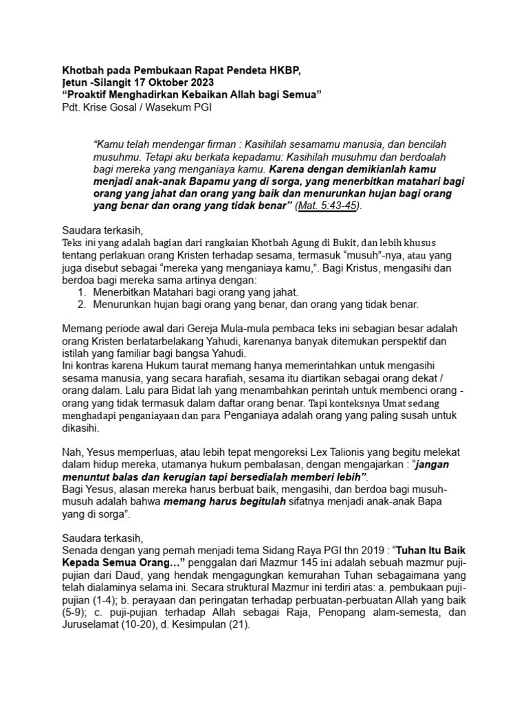 Dok.01. D. Pdt. Krise Gosal - Khotbah Pembukaan Rapat Pendeta HKBP-17 Okt 2023 - Silangit.-1 | PDF