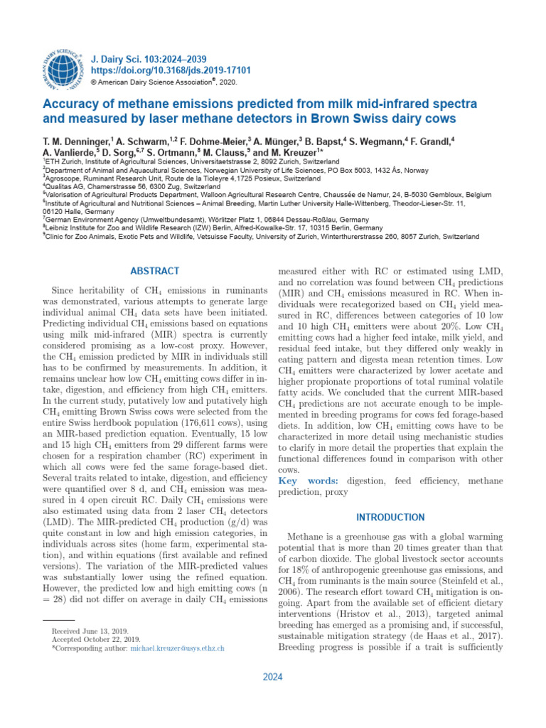 Accuracy of Methane Emissions Predicted From Milk Mid Infrar 2020 ...