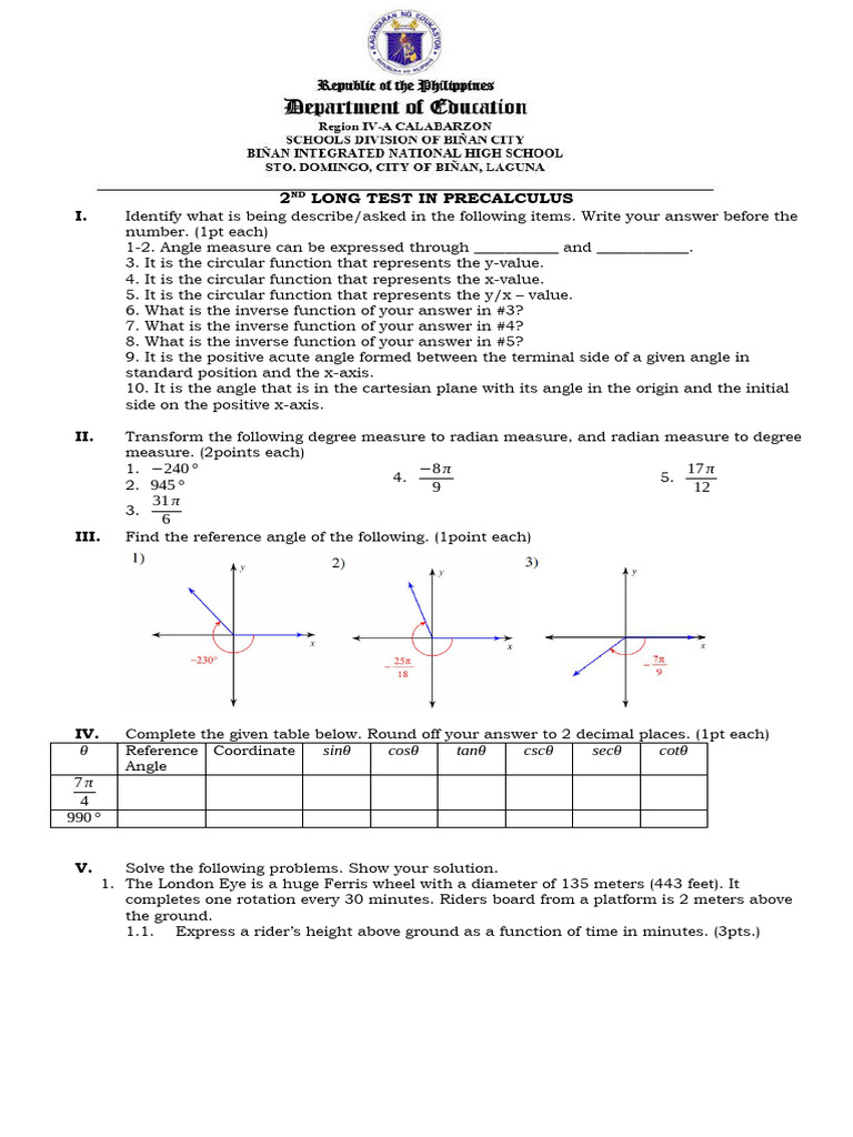 Long-Test 2Q Precal | PDF