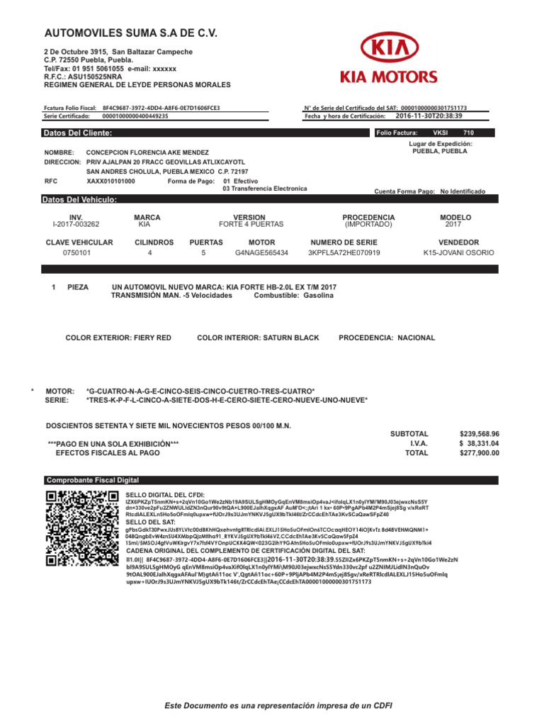 Factura de Auto KIA: Folio Fiscal y Clave Vehicular | PDF | Transporte ...