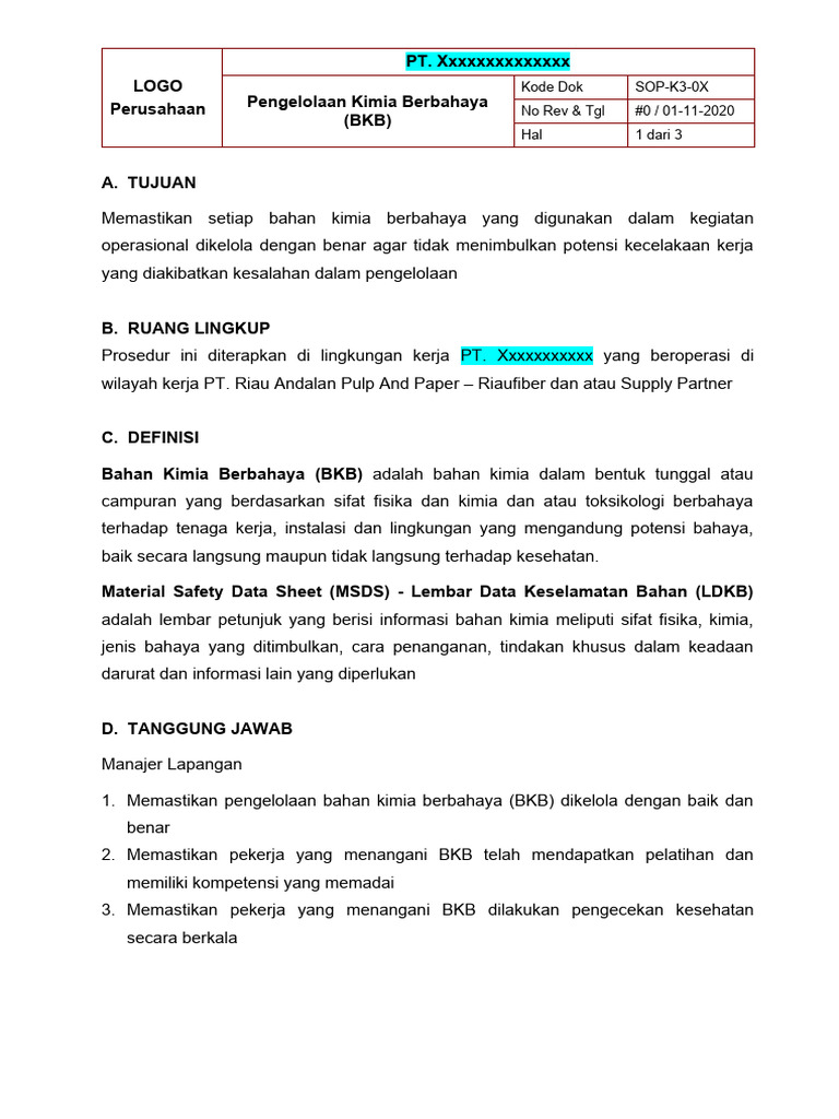 SOP-K3-0X Pengendalian Bahan Kimia Berbahaya (BKB) | PDF