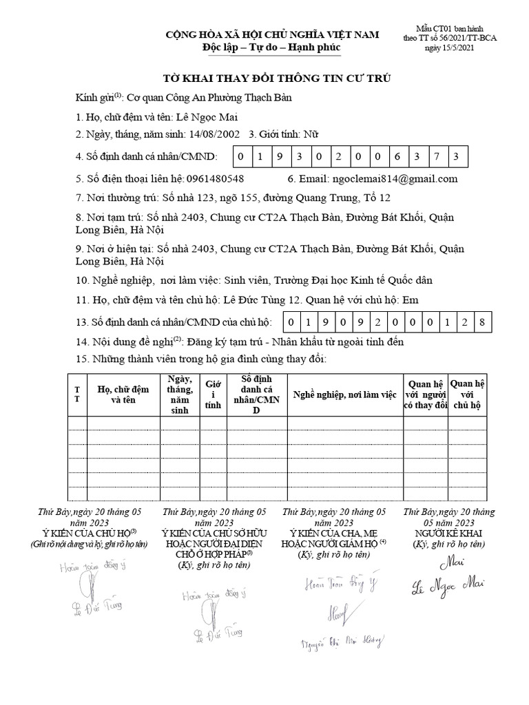 CT01 Tờ khai thay đổi thông tin cư trú - Lê Ngọc Mai | PDF