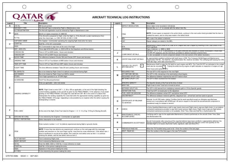 Tec - 008b Issue 11 Aircraft Technical Log Instruction Page Sheet 2 ...