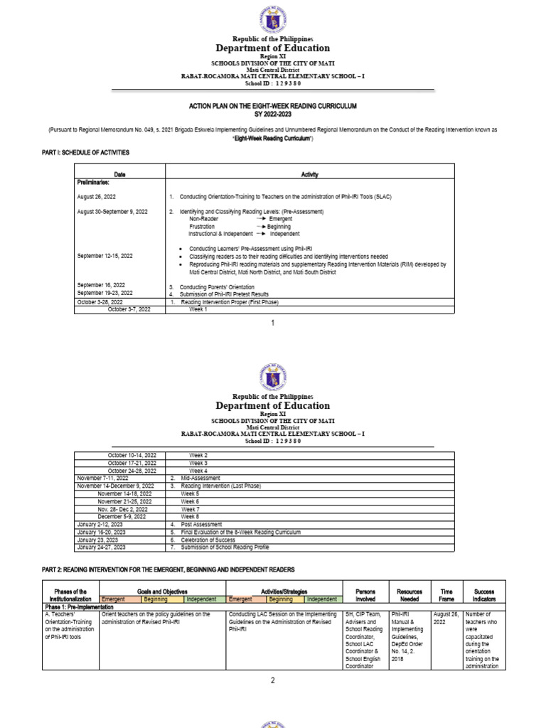 Action Plan On 8 Week Reading Curr | PDF | Reading Comprehension | Phonics