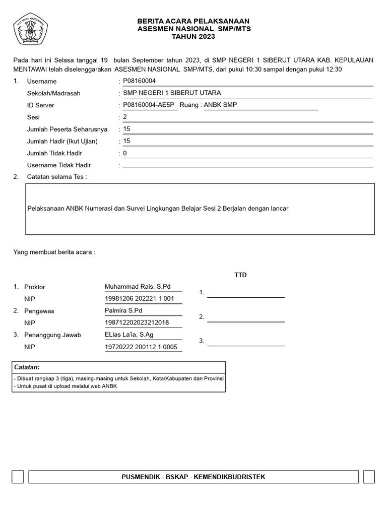 Berita Acara ANBK 2023 | PDF