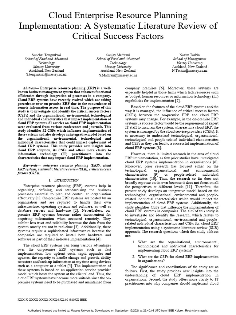 Cloud Enterprise Resource Planning Implementation A Systematic Literature Review of Critical ...