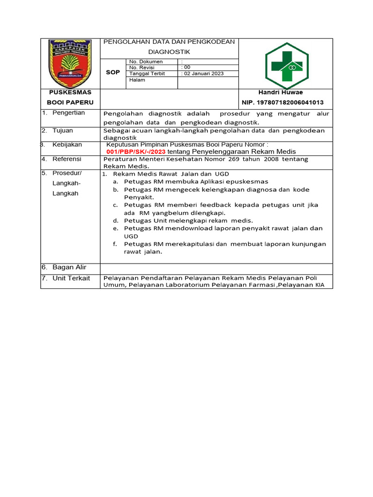 Sop Pengolahan Data Dan Pengkodean Diagnostik | PDF | Pengembangan Diri | Sains & Matematika