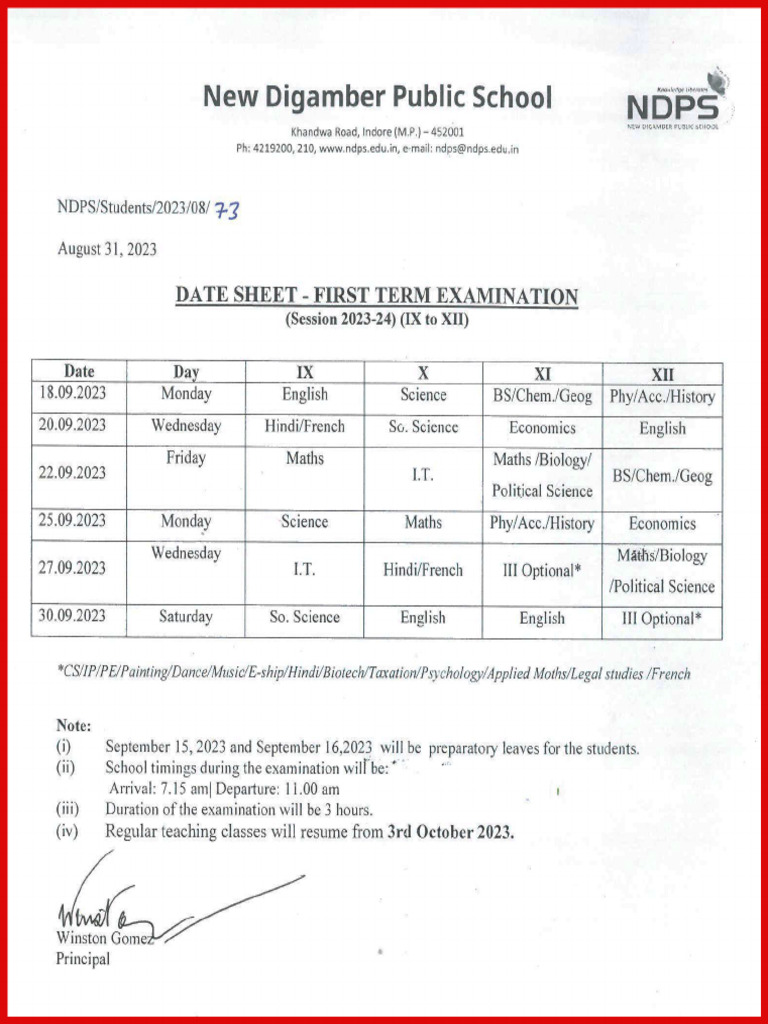 Date Sheet First Term Exam | PDF