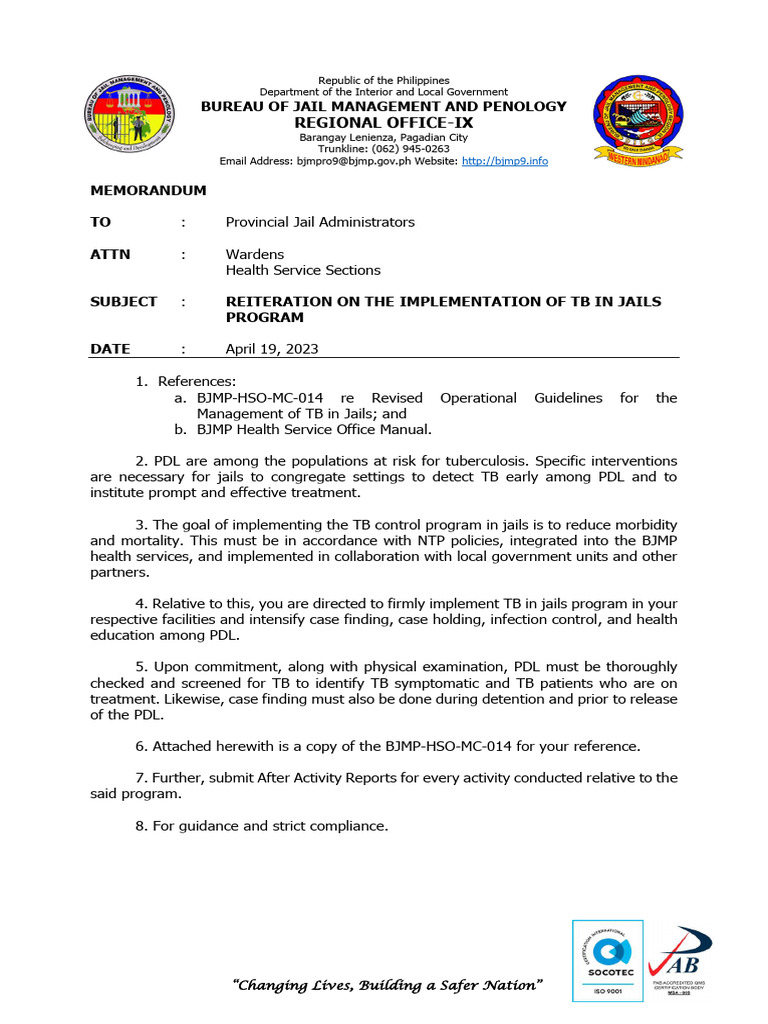 TB Control Program in Jails Memo | PDF | Tuberculosis | Medicine