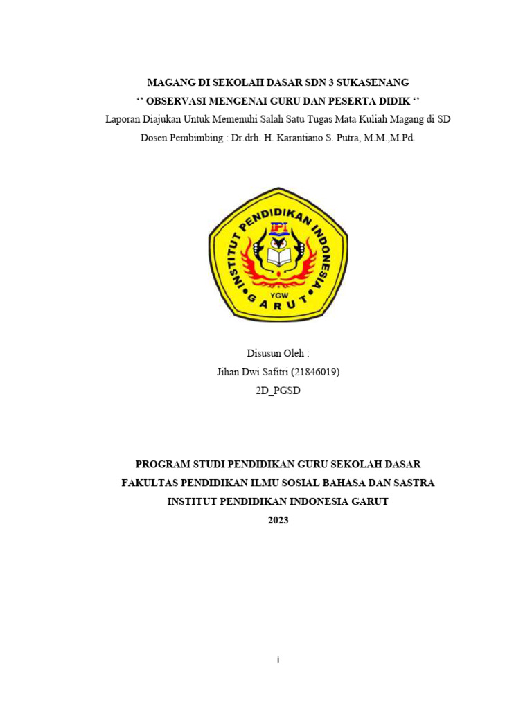 Contoh Laporan Magang Di SD - PGSD - Ta 2022.1 | PDF