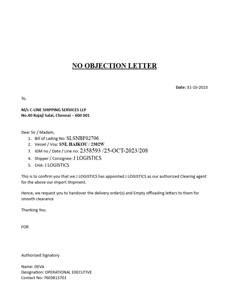 No Objection Letter for Shipment | PDF