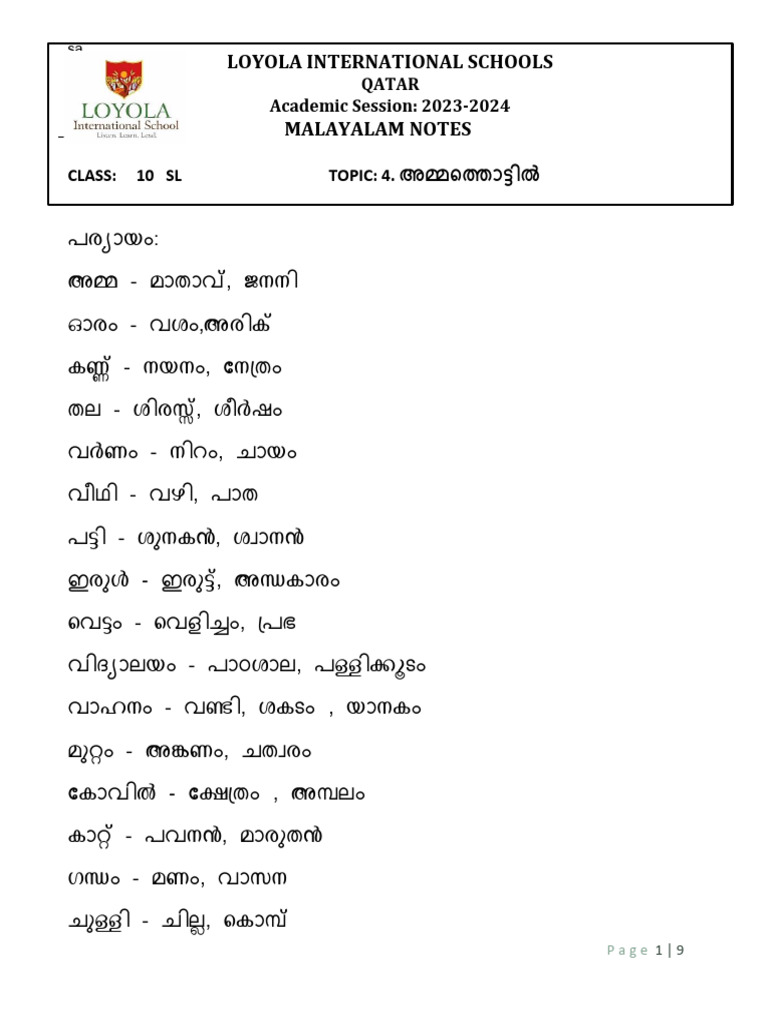 Loyola International Schools Malayalam Notes: Qatar Academic Session ...