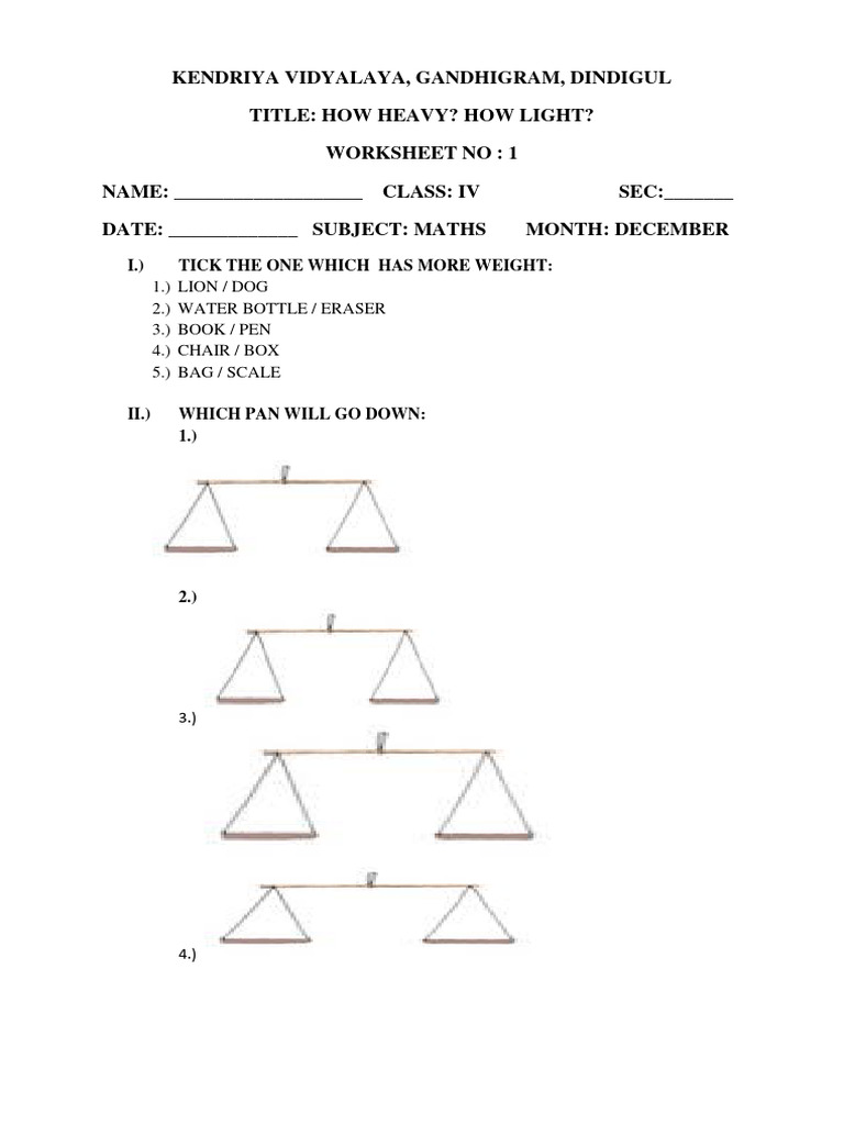 Worksheet For IV Maths Dec 2 How Heavyhow Light-1 | PDF | Food And ...