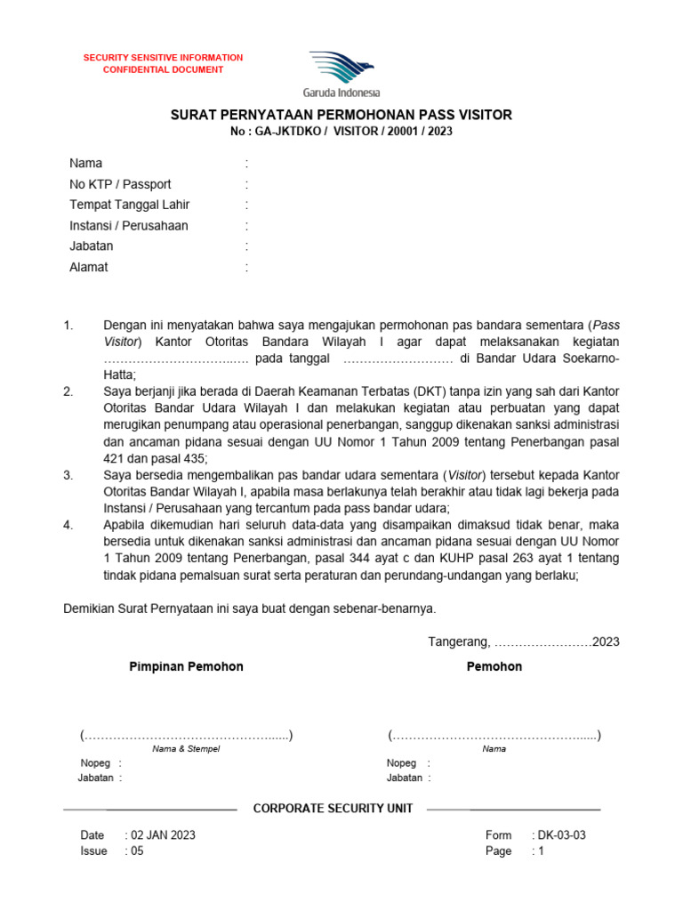 DK-03-03 - Surat Pernyataan Permohonan Pass Visitor (2023) | PDF