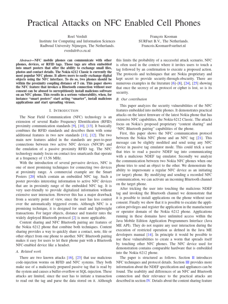 Practical_attacks_on_NFC_enabled_cell_phones-NFC_2011 | PDF | Bluetooth | Telephone