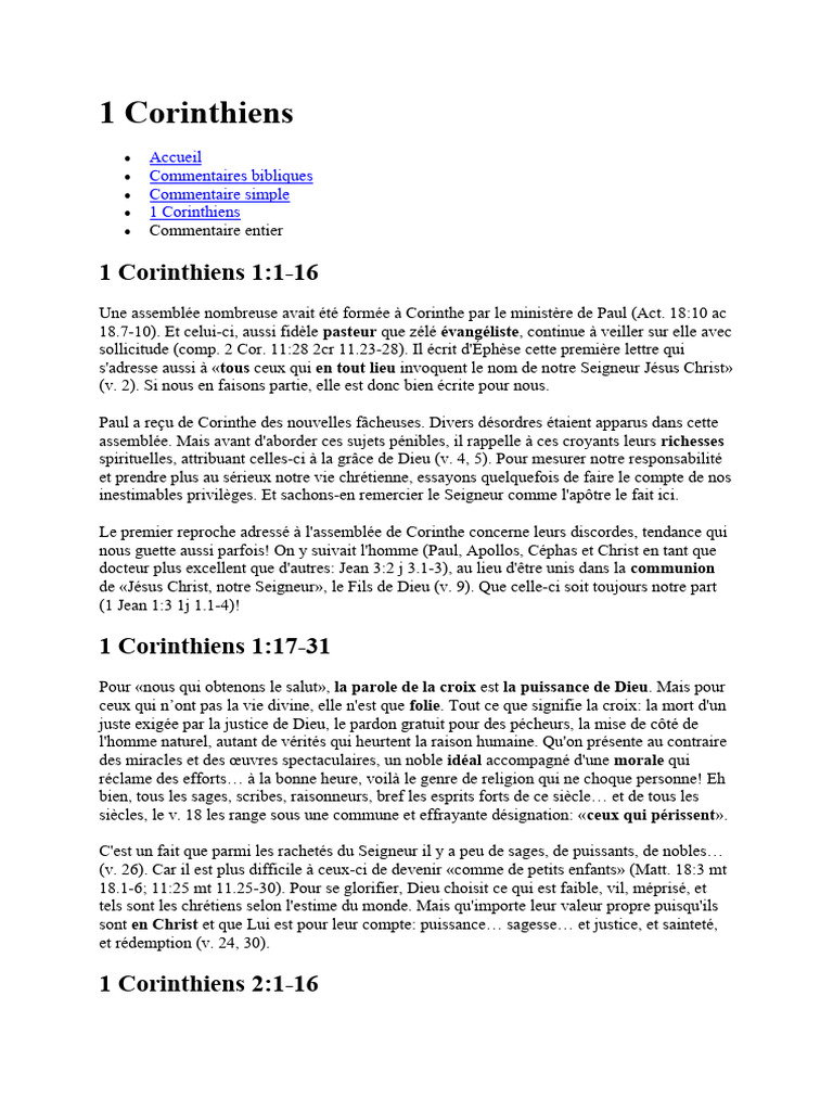 Commentaire sur 1 Corinthiens | PDF | Première épître aux Corinthiens ...