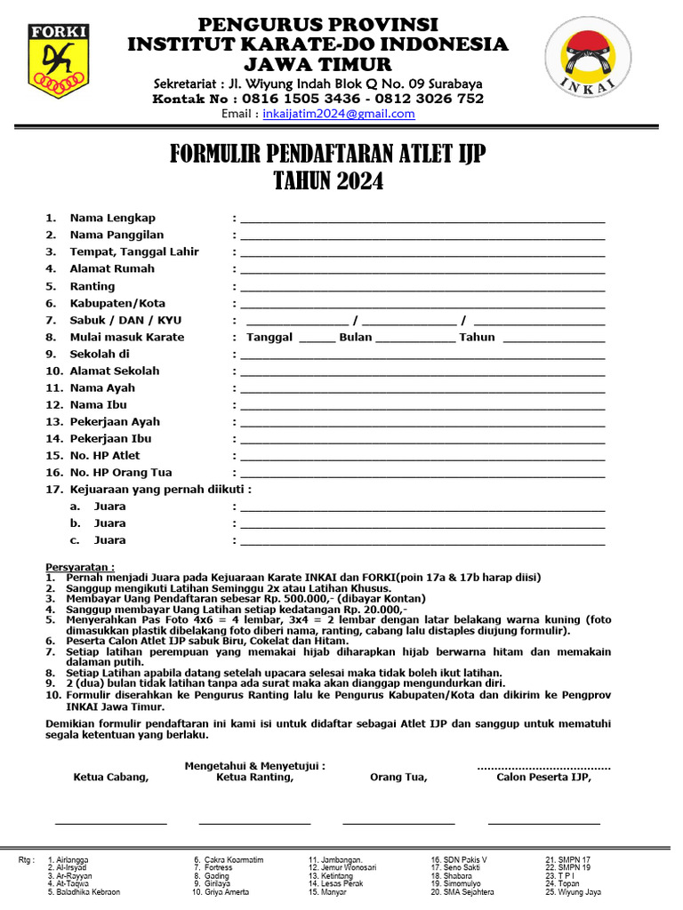 Formulir Pendaftaran Atlet IJP | PDF