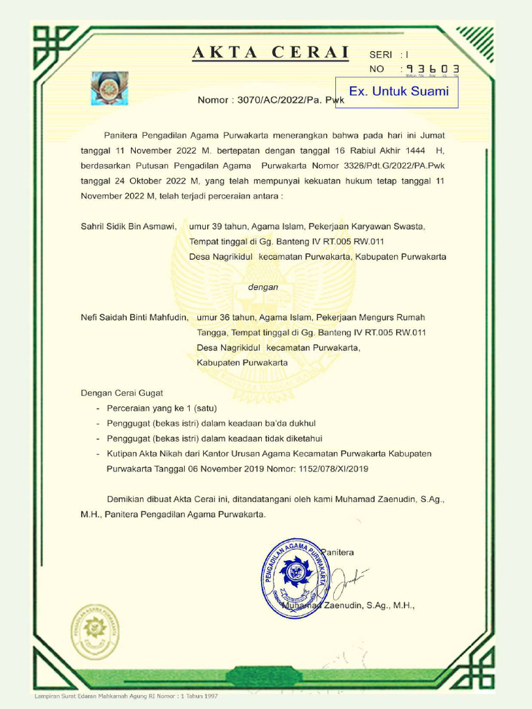 Akta Cerai Terbaru Sahril Sidik Purwakarta | PDF