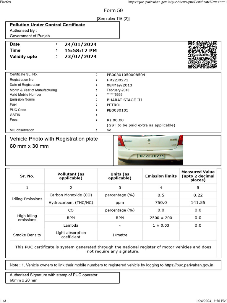 Pollution Under Control Certificate: Form 59 | PDF | Exhaust Gas ...