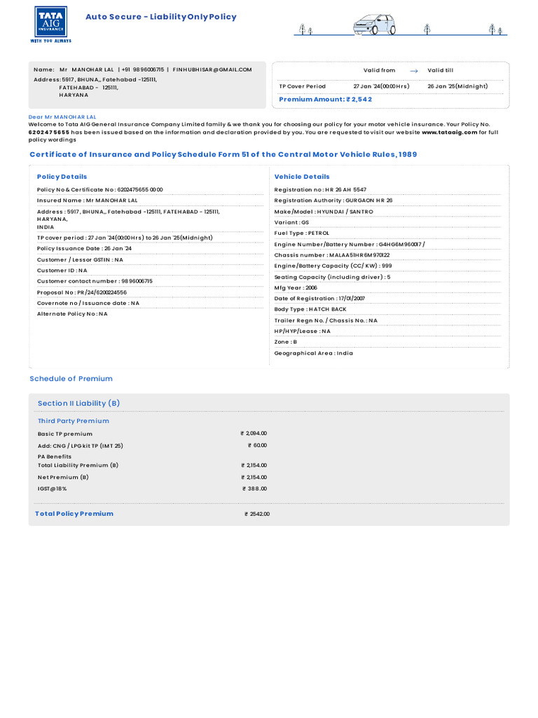 Cert If Icat e of Insurance and Policy Schedule Form 51 of T He Cent ...